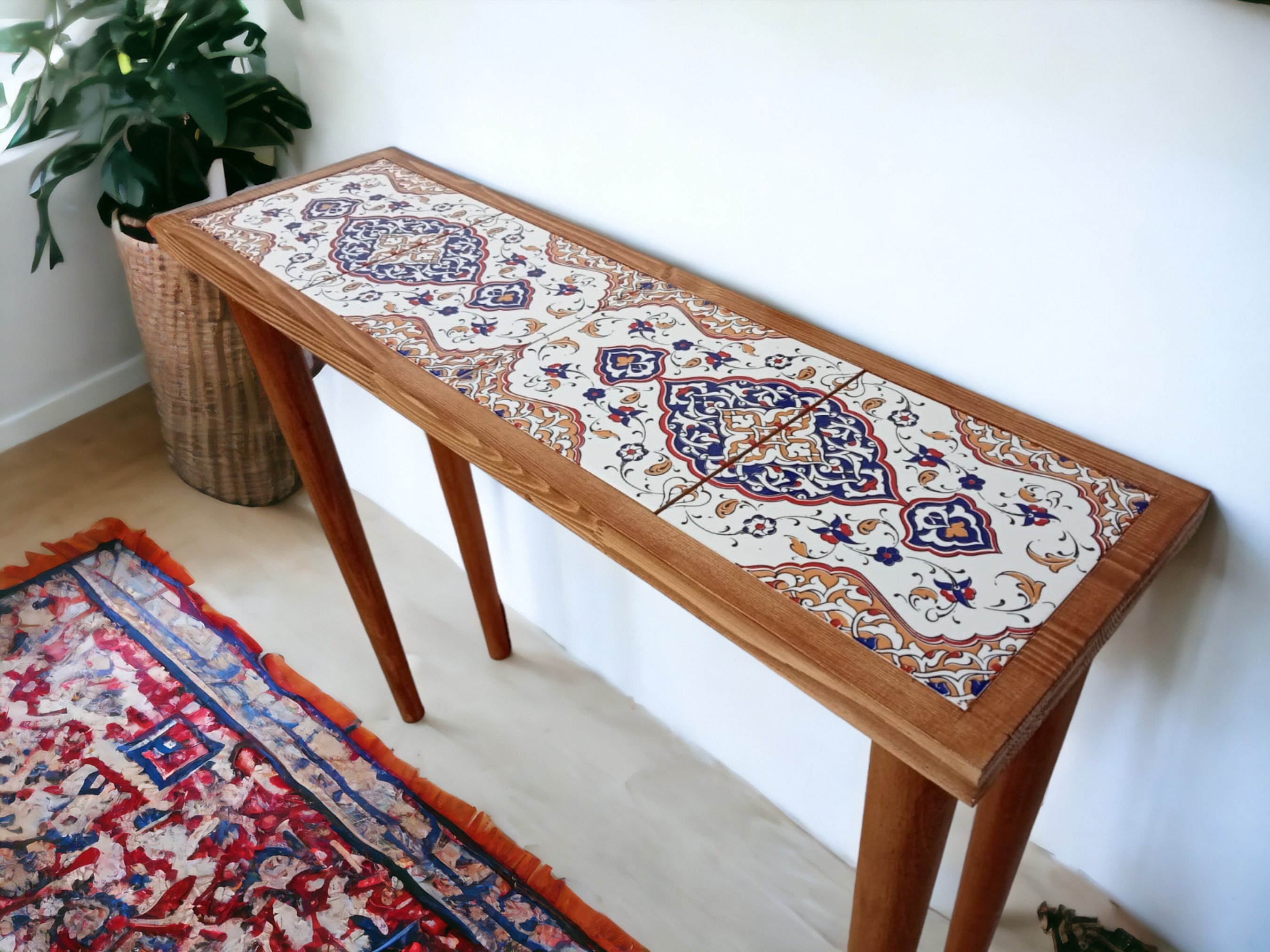 Tile Wooden Table, Ottoman Tile Table, Rustic Console Table, Slim ...