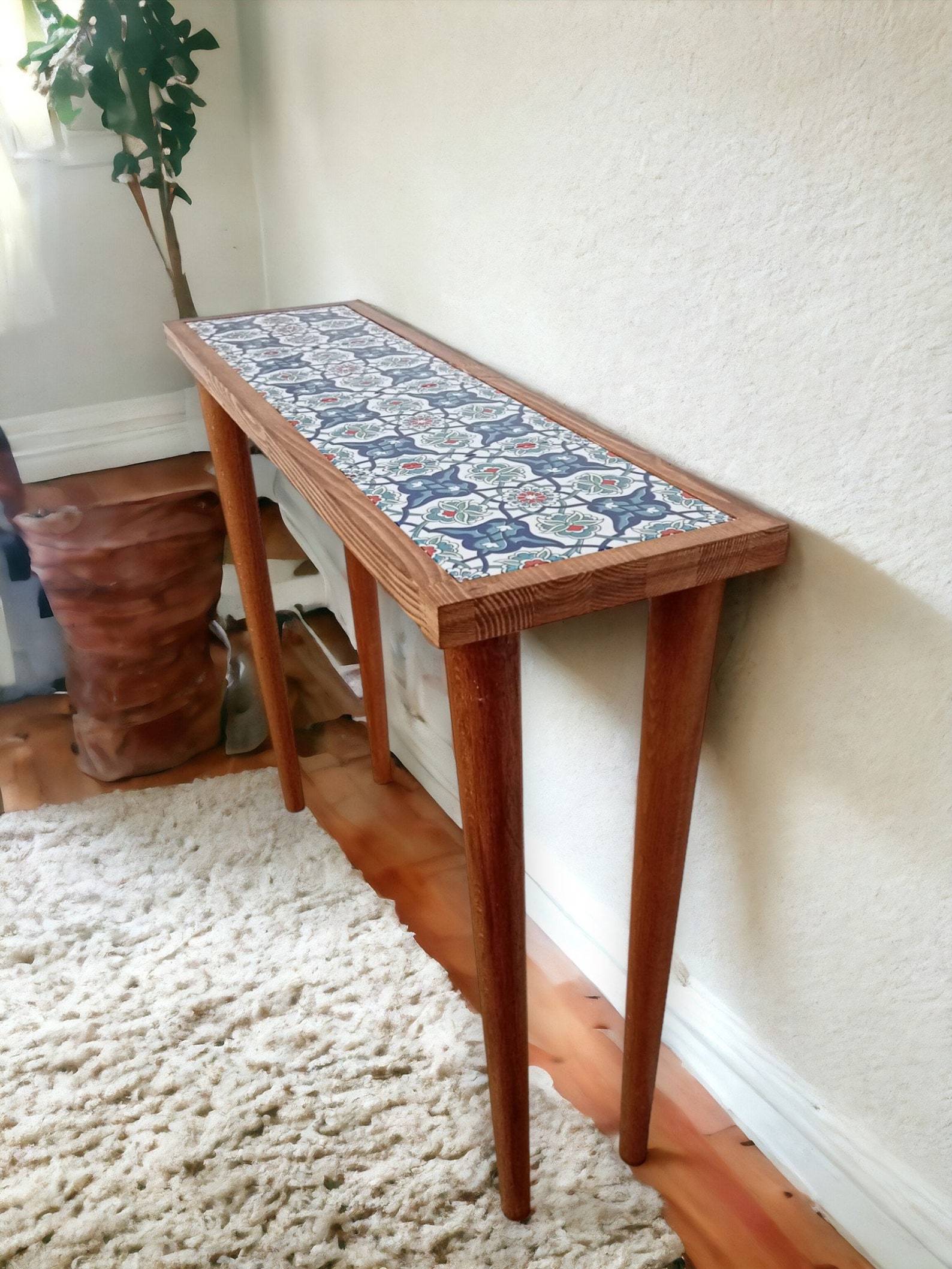 Tile Embedded in Wood Table, Entrance Table, Ottoman Tile Table ...