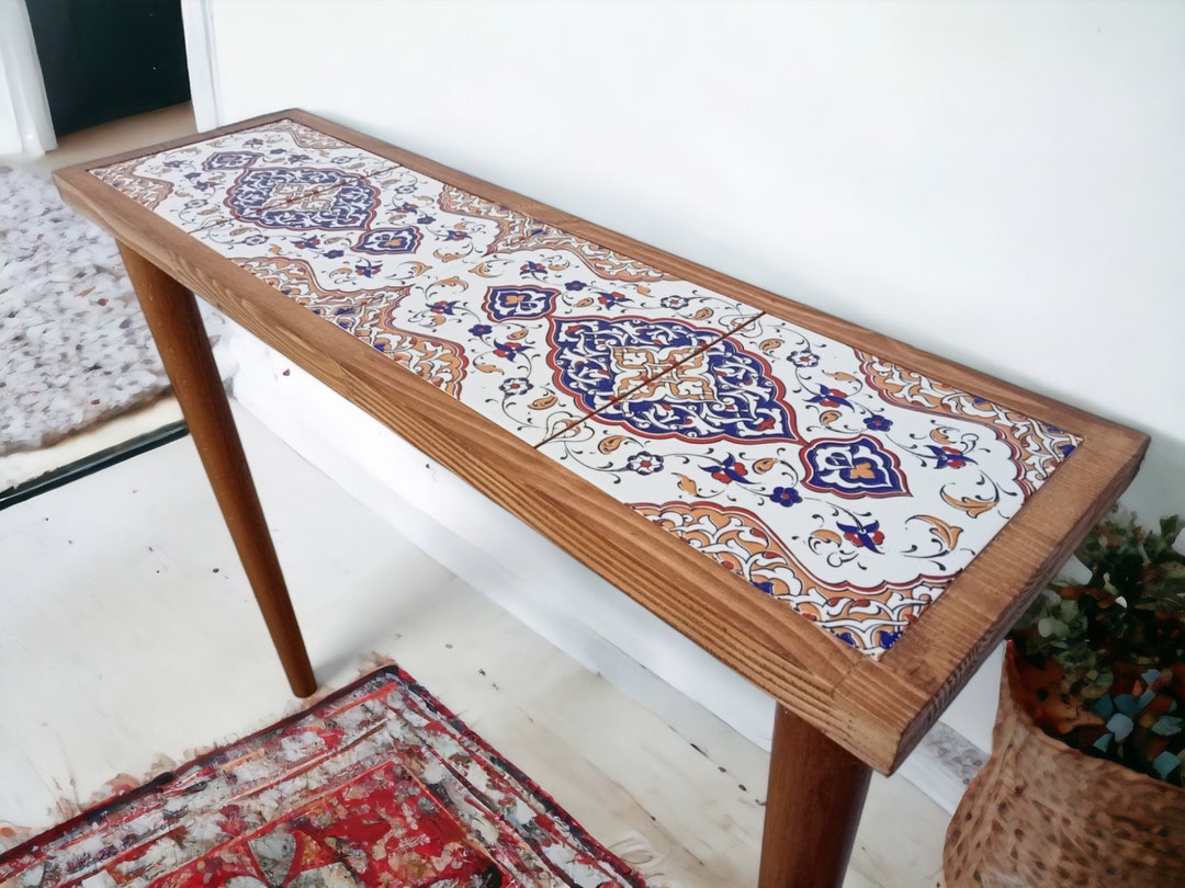 Tile Wooden Table, Ottoman Tile Table, Rustic Console Table, Slim ...