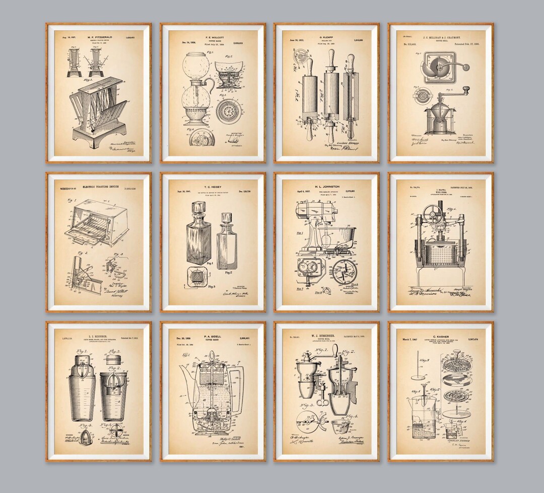 Kitchen Inventions Set of 12 Print, Kitchen Utensils Patent, Vintage ...