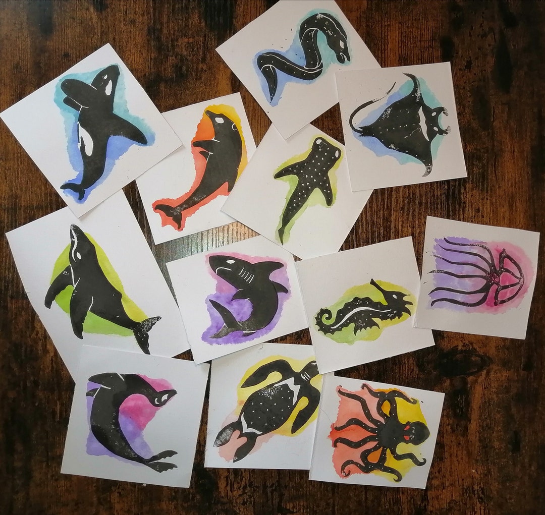 Batches of 12 Linocuts of Marine Animals - Etsy