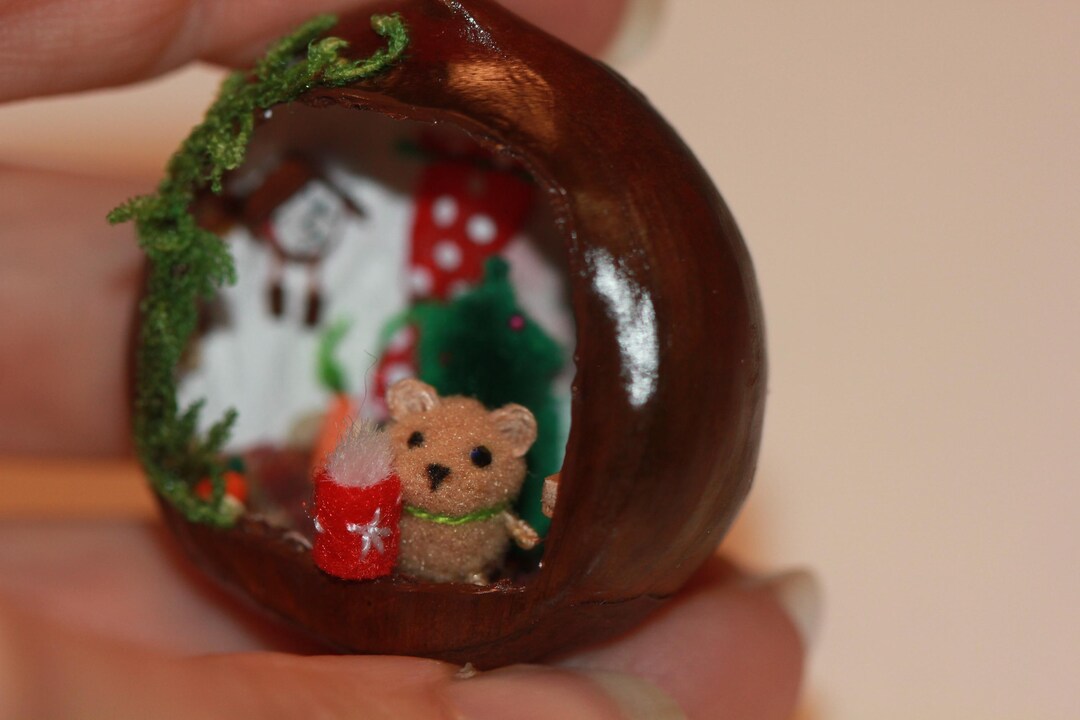 Nut Shell Diorama. Fairy Garden House. Tiny Fairy House, Micro Bear - Etsy