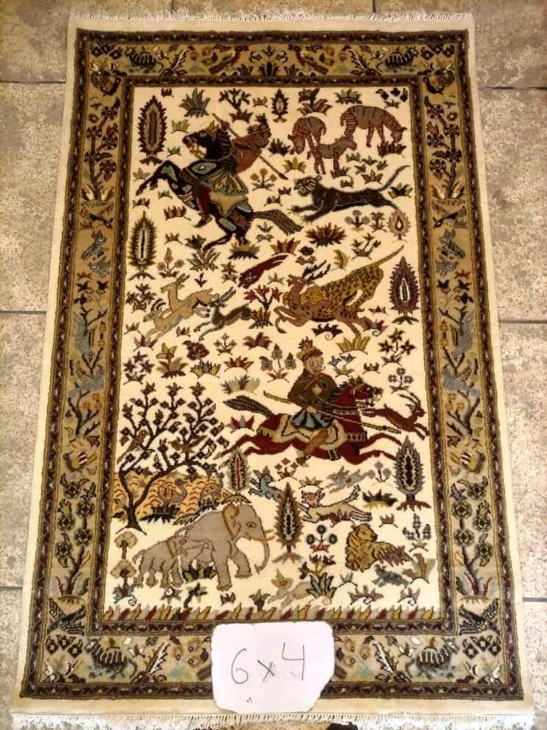 4x6 Hunting Beige Rug Handmade Oriental Rug Hunting Scene Rug, Animal ...