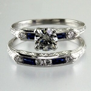 1880-90s Vintage Engagement Ring Set/ Round & Sapphire Baguette Diamond ...