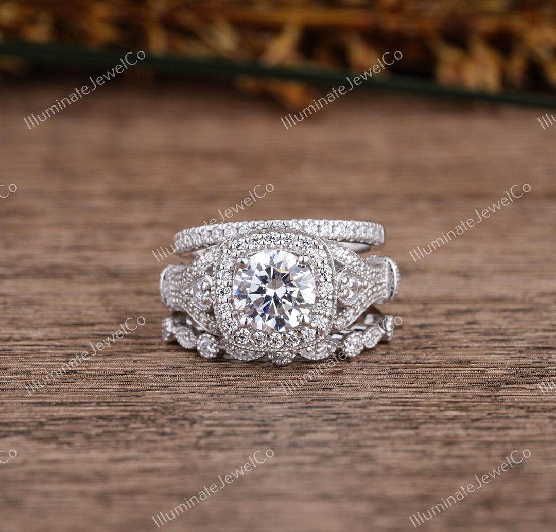 3PCS Vintage Art Deco Lab Diamond Ring / Round Forever Moissanite ...