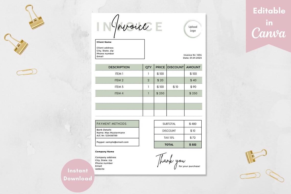Sage Green Invoice Template Receipt Template Invoice Forms Printable ...