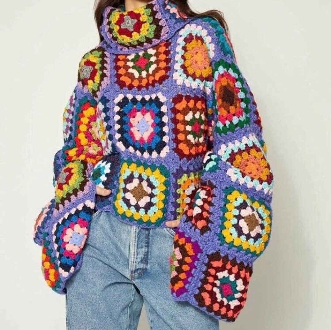 Crochet Turtleneck Sweater, Granny Square Sweater, Handmade Patchwork ...