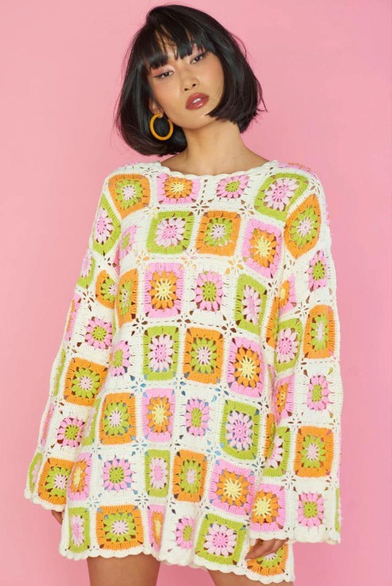 Hand-knitted Granny Square Crochet Dress: Hippie Cotton Fashion - Etsy
