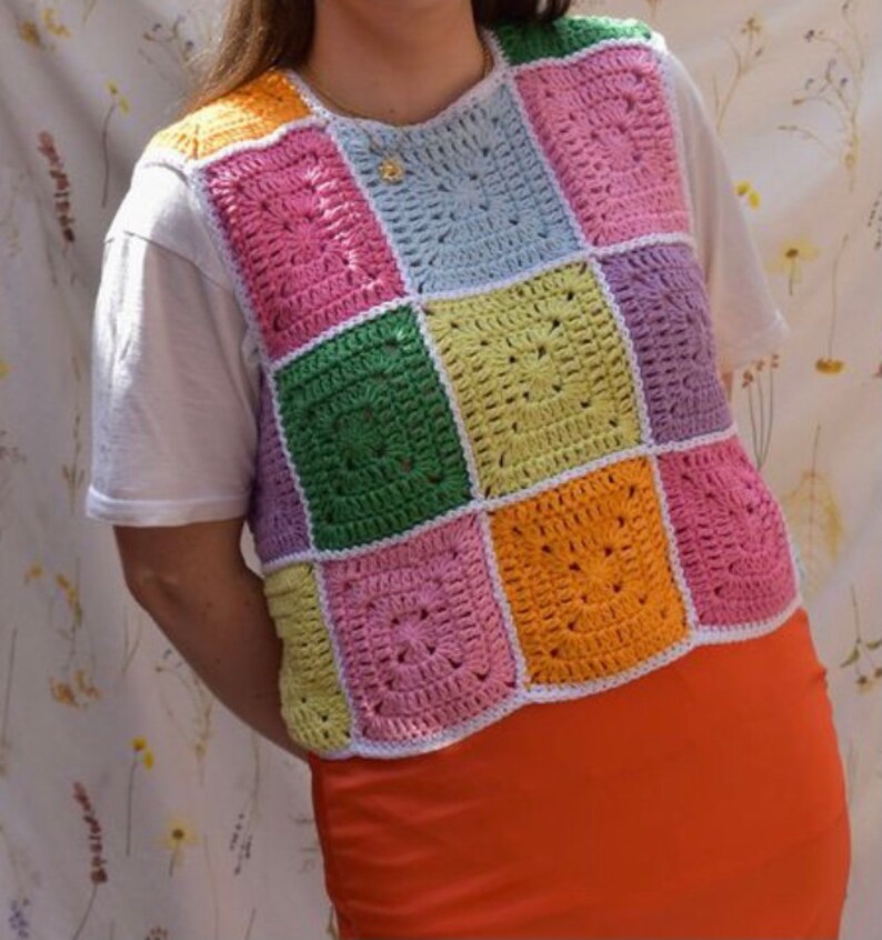 Handmade Crochet Patchwork Granny Square Vest: Unisex Checkered Shirt ...