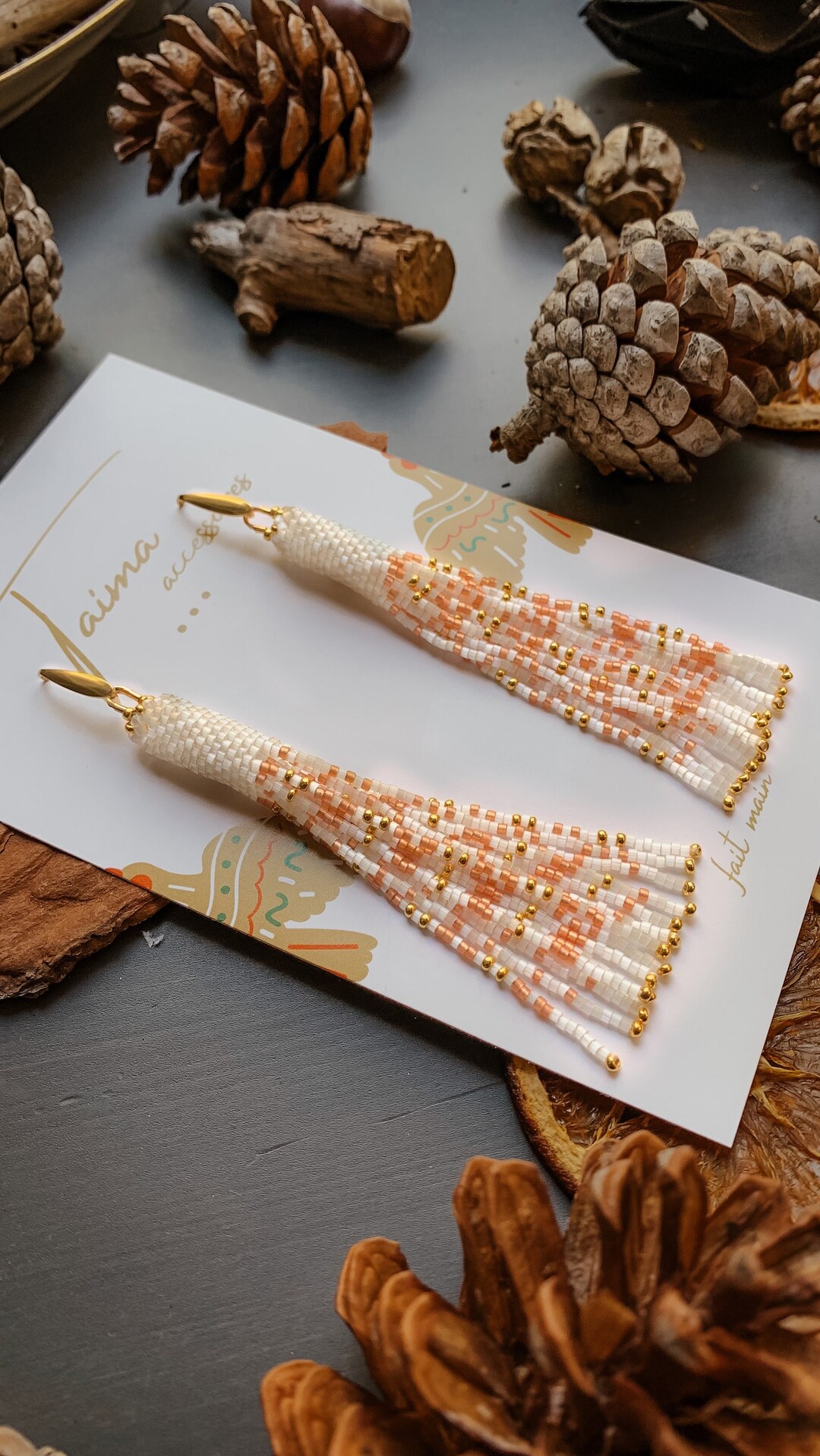 White, Pink and Gold Fringed Earrings in Japanese Beads for Women Boho ...