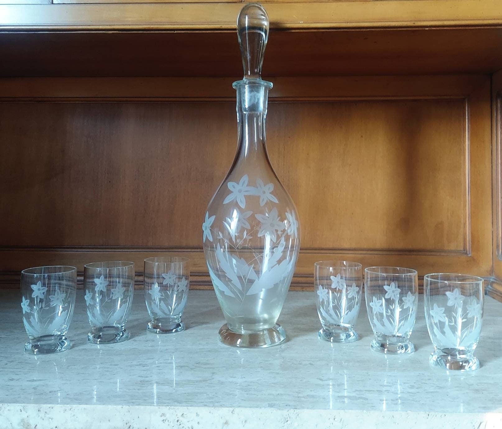 Vintage Etched-glass Floral Decanter Set With Five Shot Glasses - Etsy