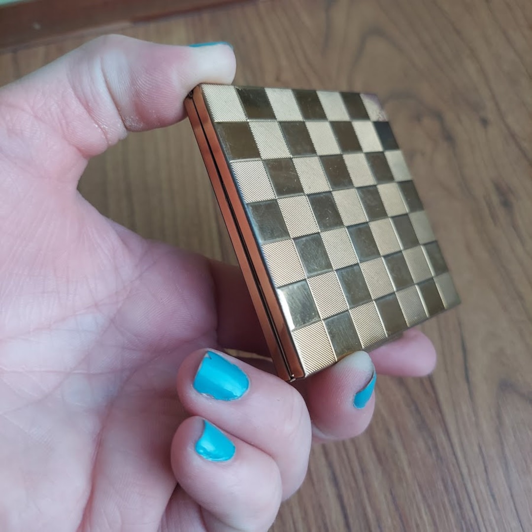 Vintage Checkered Metal Make-up Compact Mirror Brass - Etsy