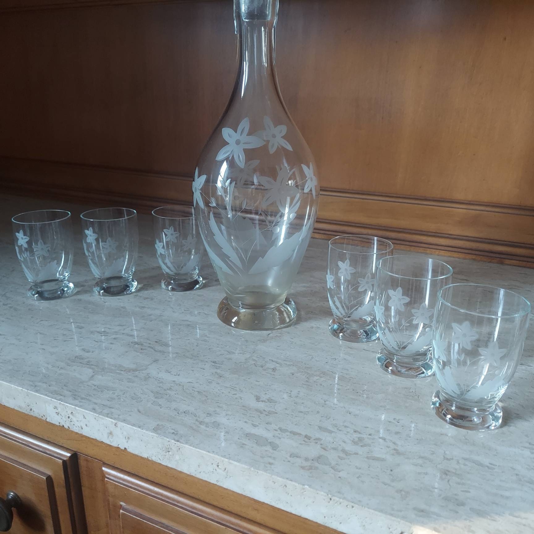 Vintage Etched-glass Floral Decanter Set With Five Shot Glasses - Etsy