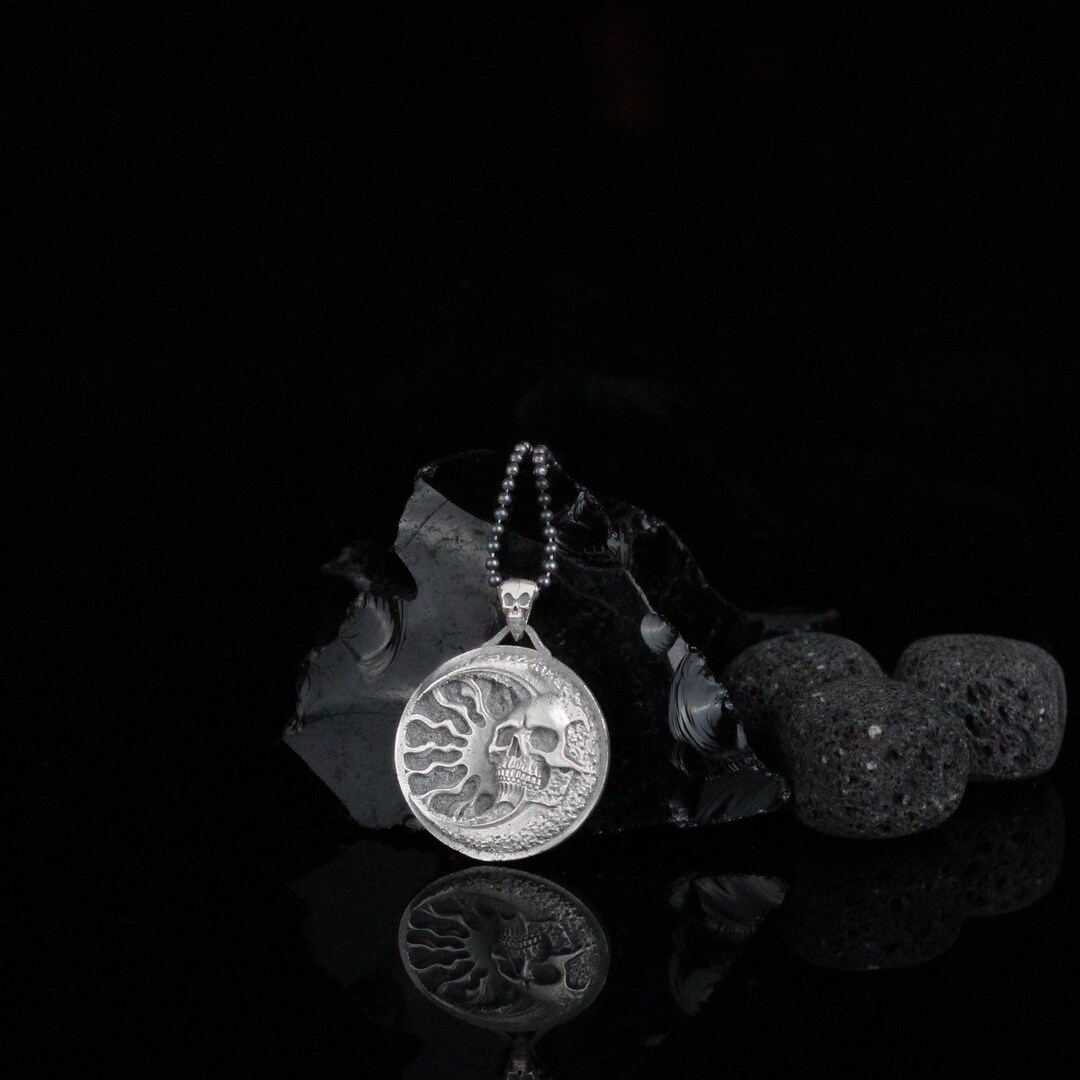 Skull Crescent Moon and Sun Necklace, Celestial Gothic Necklace for Men, Sunburst Necklace ...