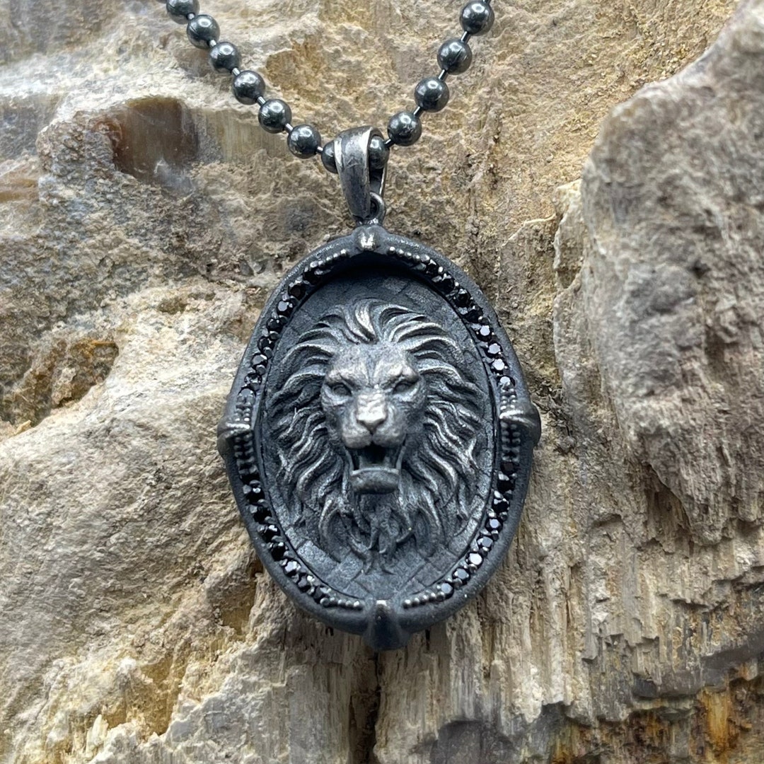 Lion Medallion Necklace for Men, Engraved Lion Necklace, Black Zircon ...