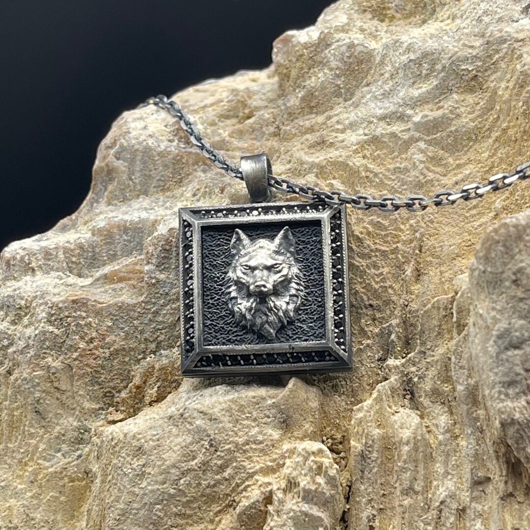 Square Medallion Wolf Necklace, Engraved Animal Pendant Necklace, Wolf ...