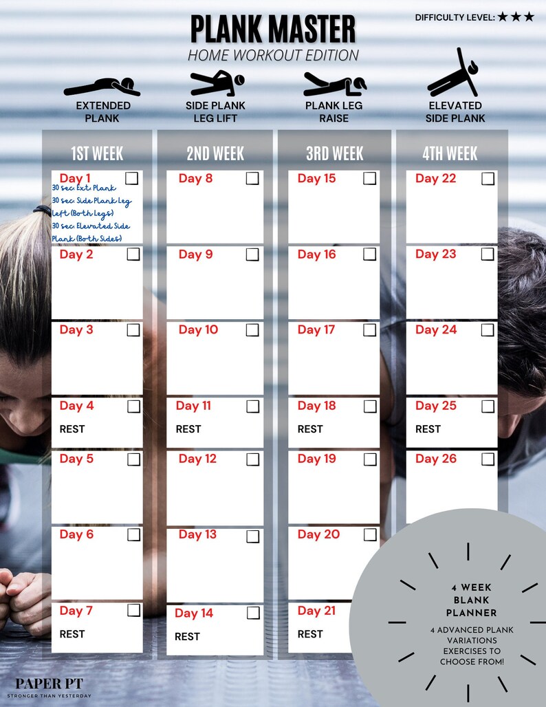 4 Week Plank Master - Home Workout Edition Level 3 (blank Planner) - Etsy