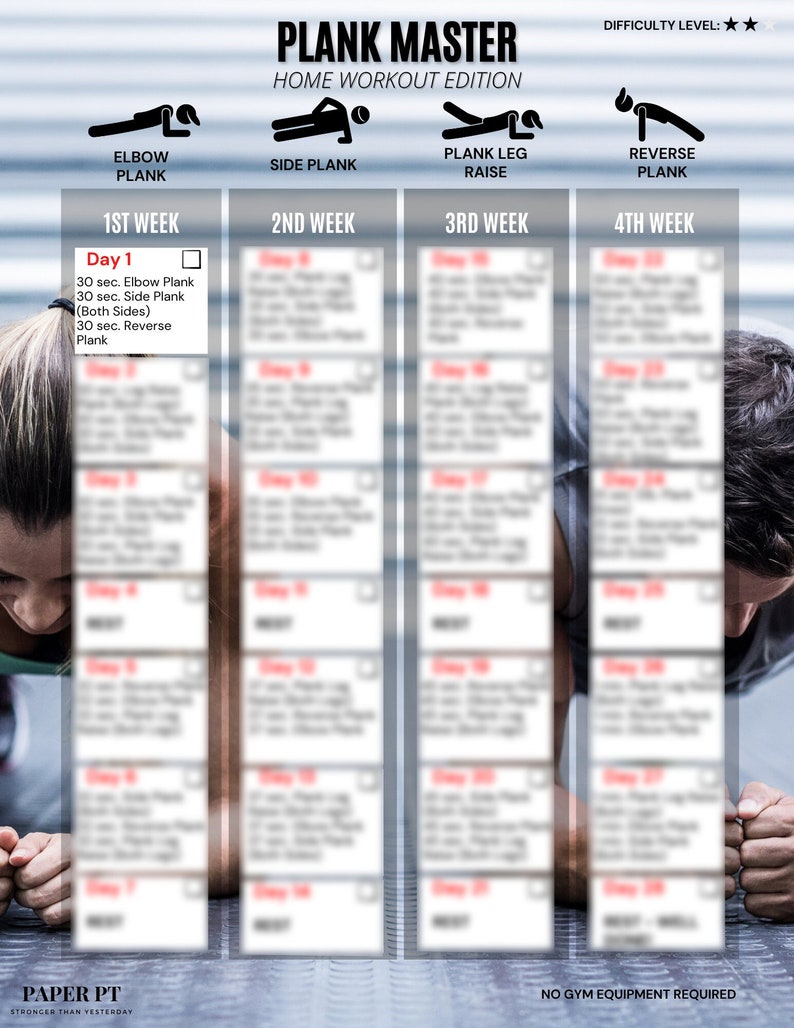4 Week Plank Master - Home Workout Edition - DIFFICULTY LEVEL 2 STARS ...