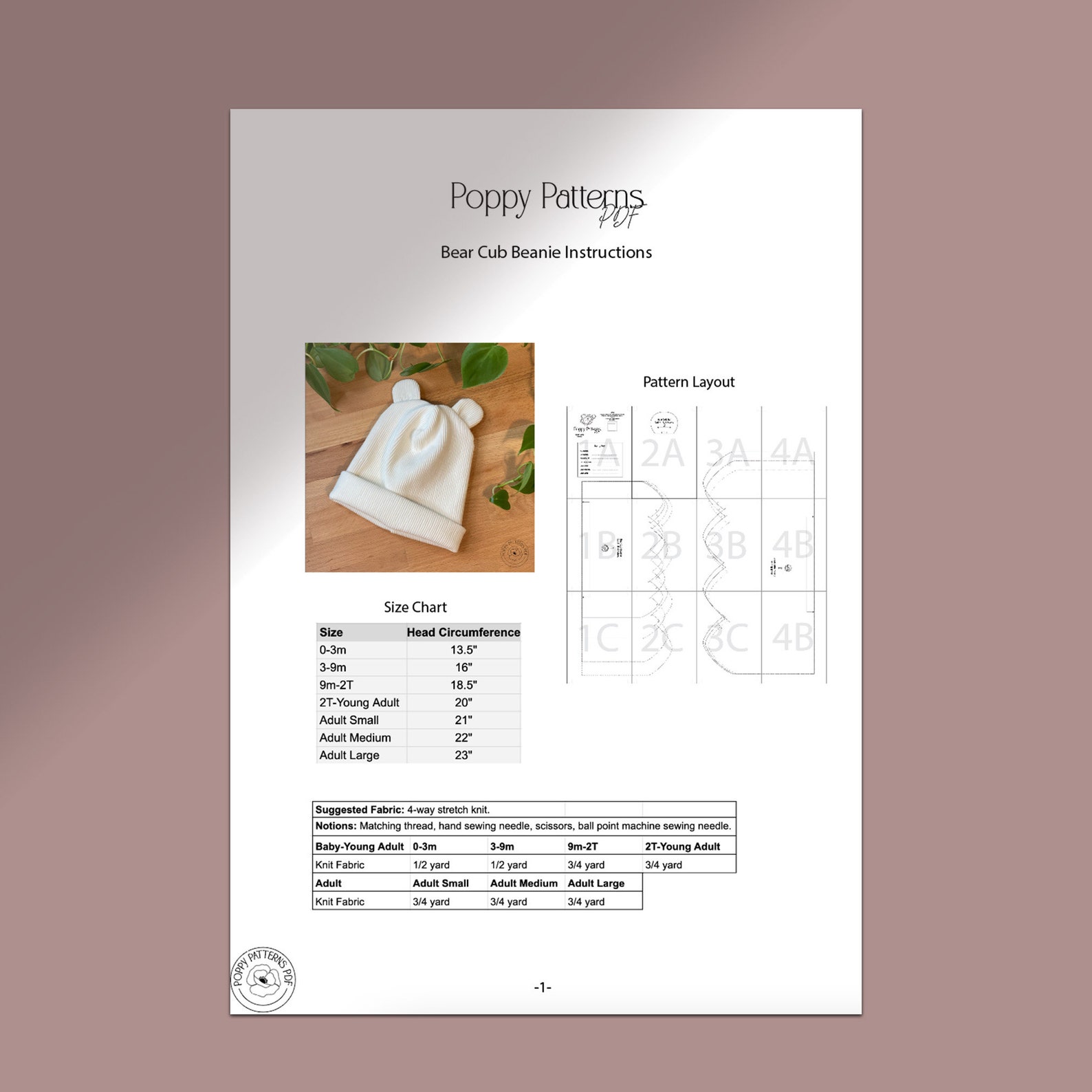 Bear Cub Beanie Sewing PDF Pattern | US Letter Size & A4 Digital Sewing ...