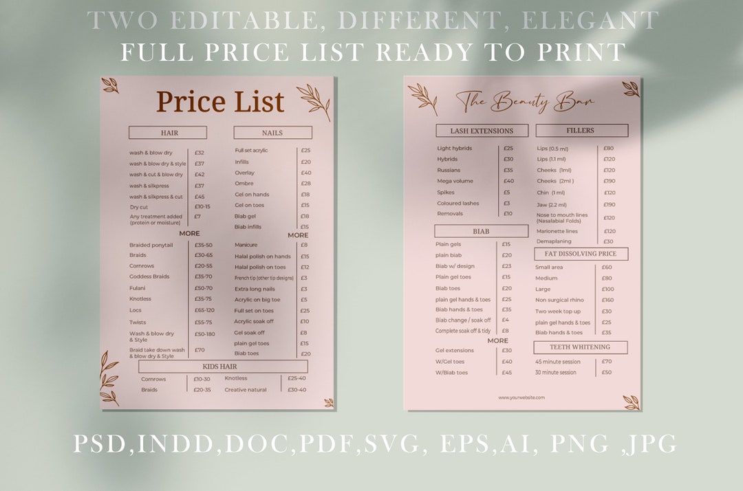PRICE LIST Template Editable.printable Price Sheet,a5 for Beauty ...