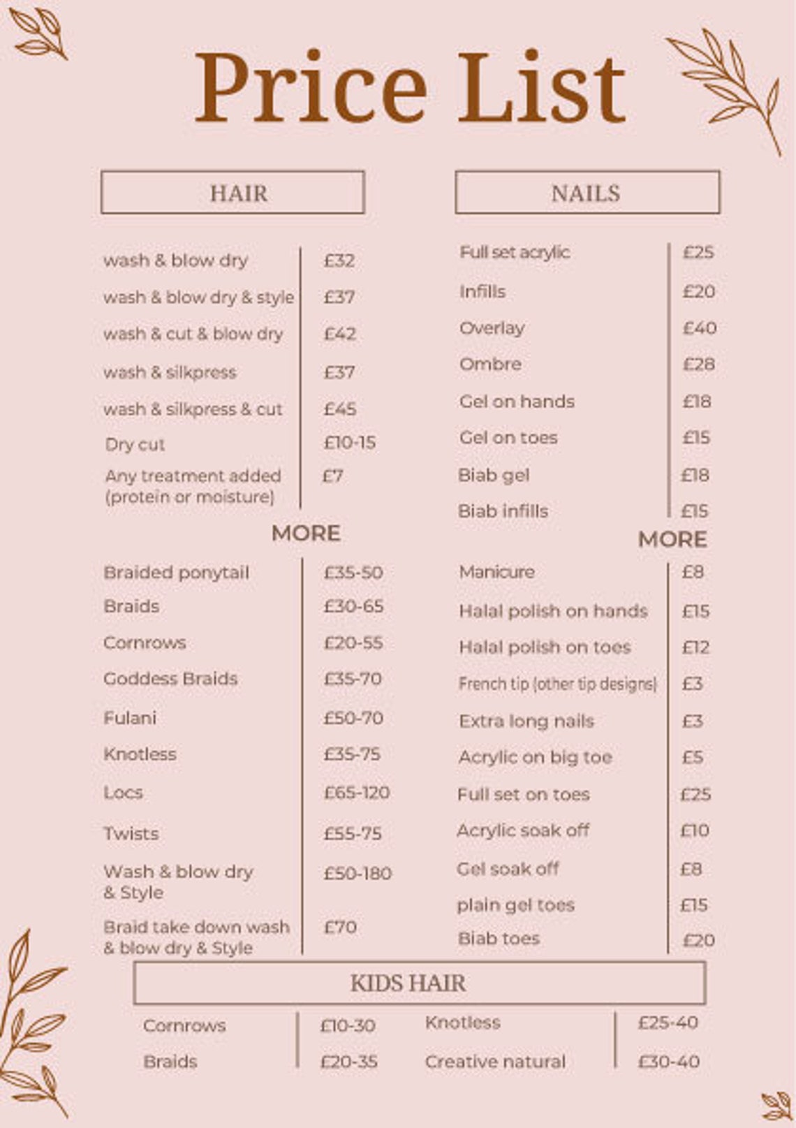 PRICE LIST Template Editable.printable Price Sheet,a5 for Beauty ...