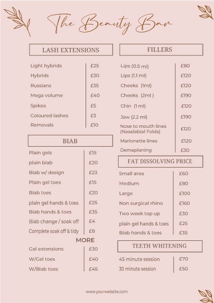 PRICE LIST Template Editable.printable Price Sheet,a5 for Beauty ...