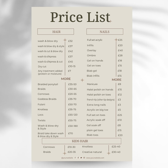 PRICE LIST Template Editable. Printable Price Sheet Price - Etsy