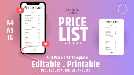 Editable Price List Template Printable Price Sheet Small - Etsy UK