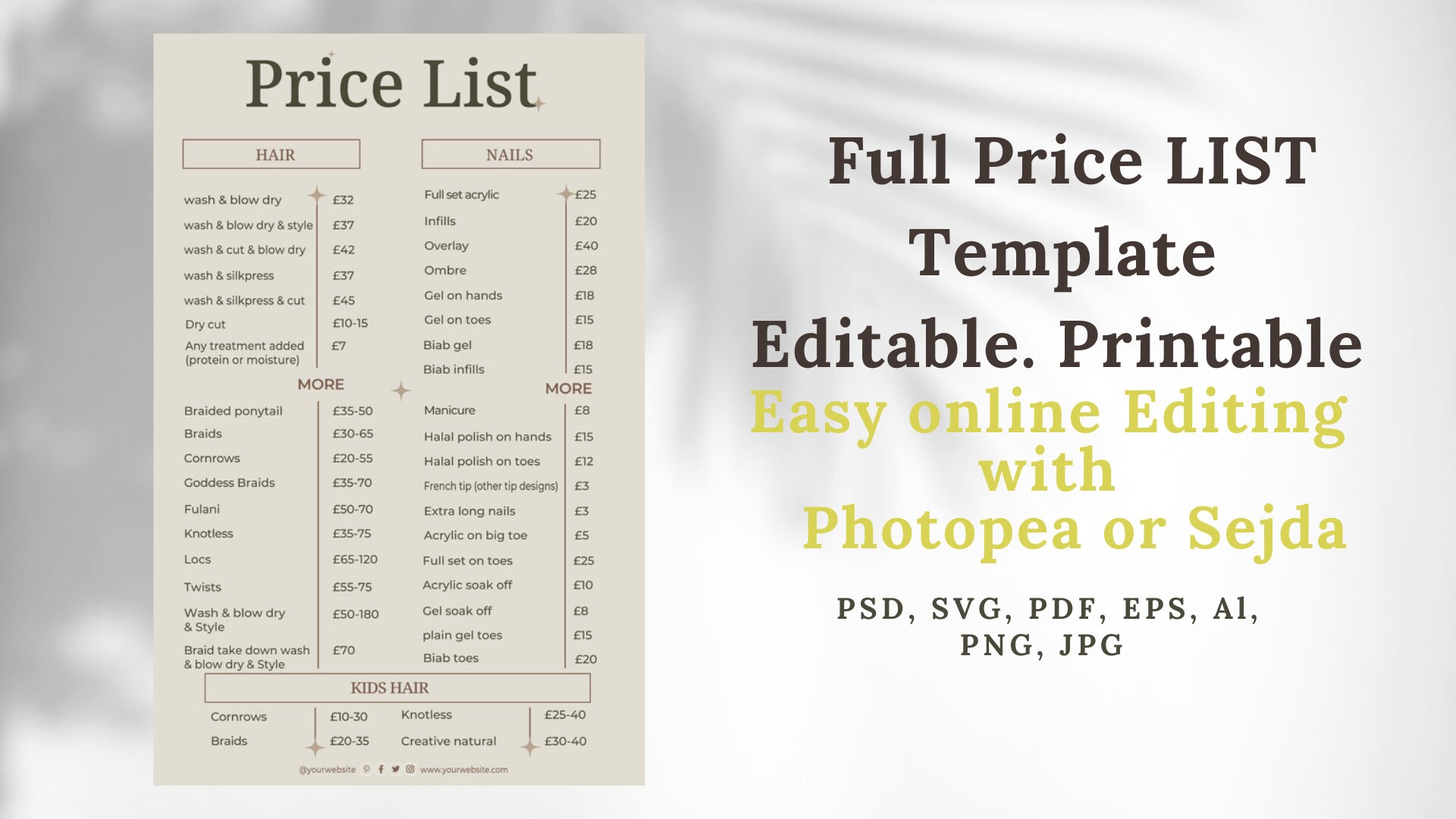 PRICE LIST Template Editable. Printable Price Sheet, Price Guide, Hair ...
