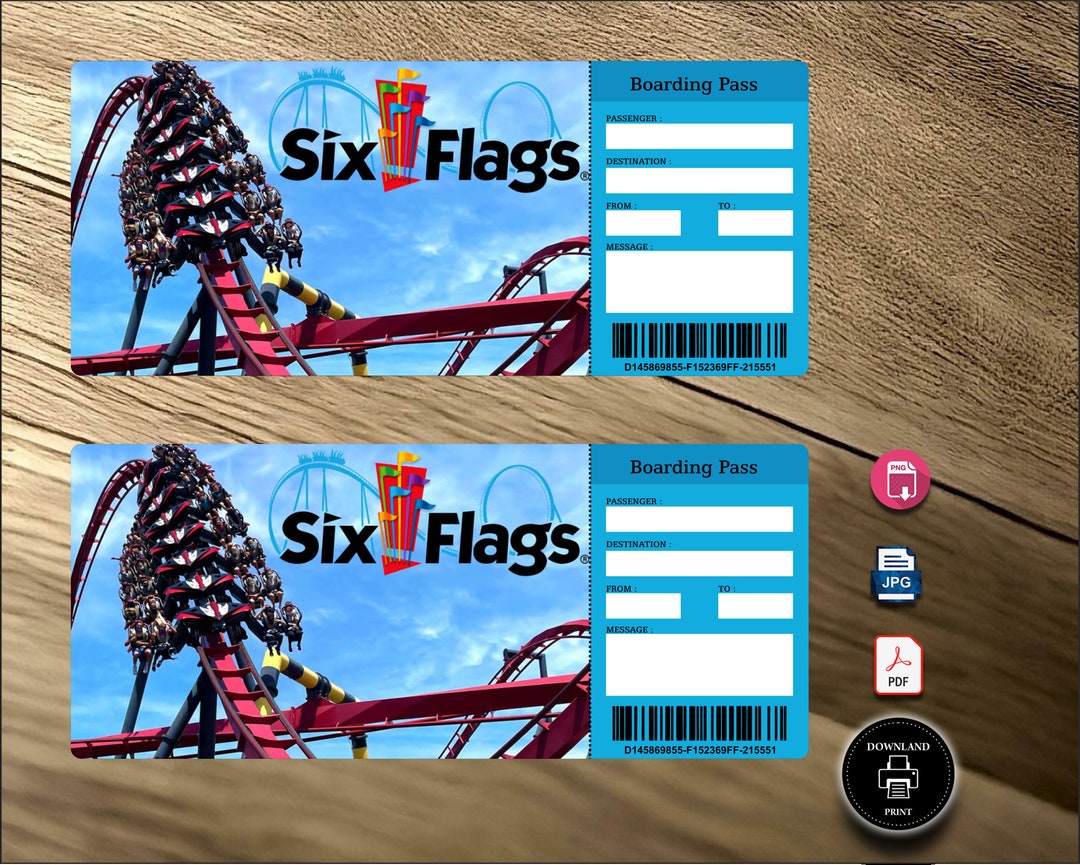 Printable SIX FLAGS Surprise Gift Ticket. Boarding Pass. Trip Ticket ...