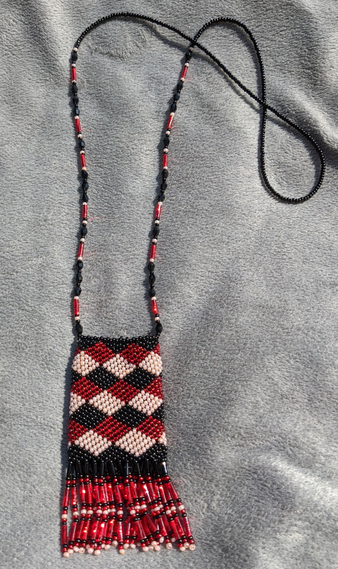 Hand Beaded Amulet Bag W/black, Red and Light Pink Beads. Beautiful for ...