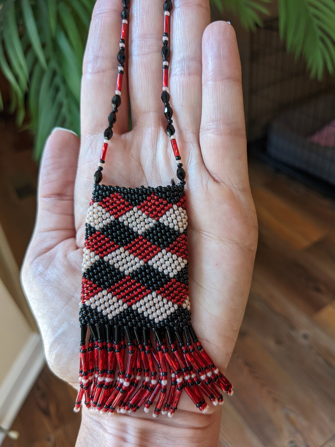 Hand Beaded Amulet Bag W/black, Red and Light Pink Beads. Beautiful for ...