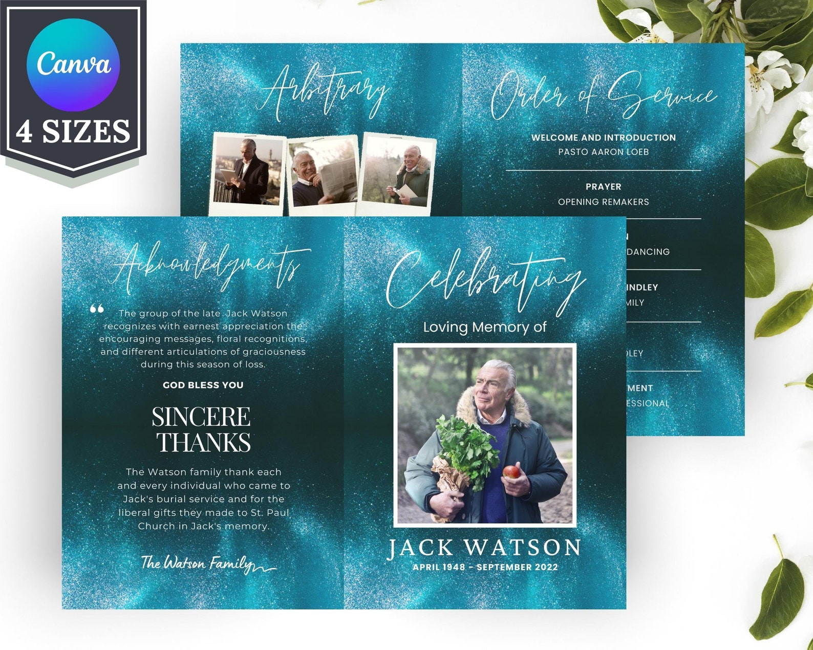 Luxury Dark Blue Funeral Program Template | Bifold Funeral Program ...