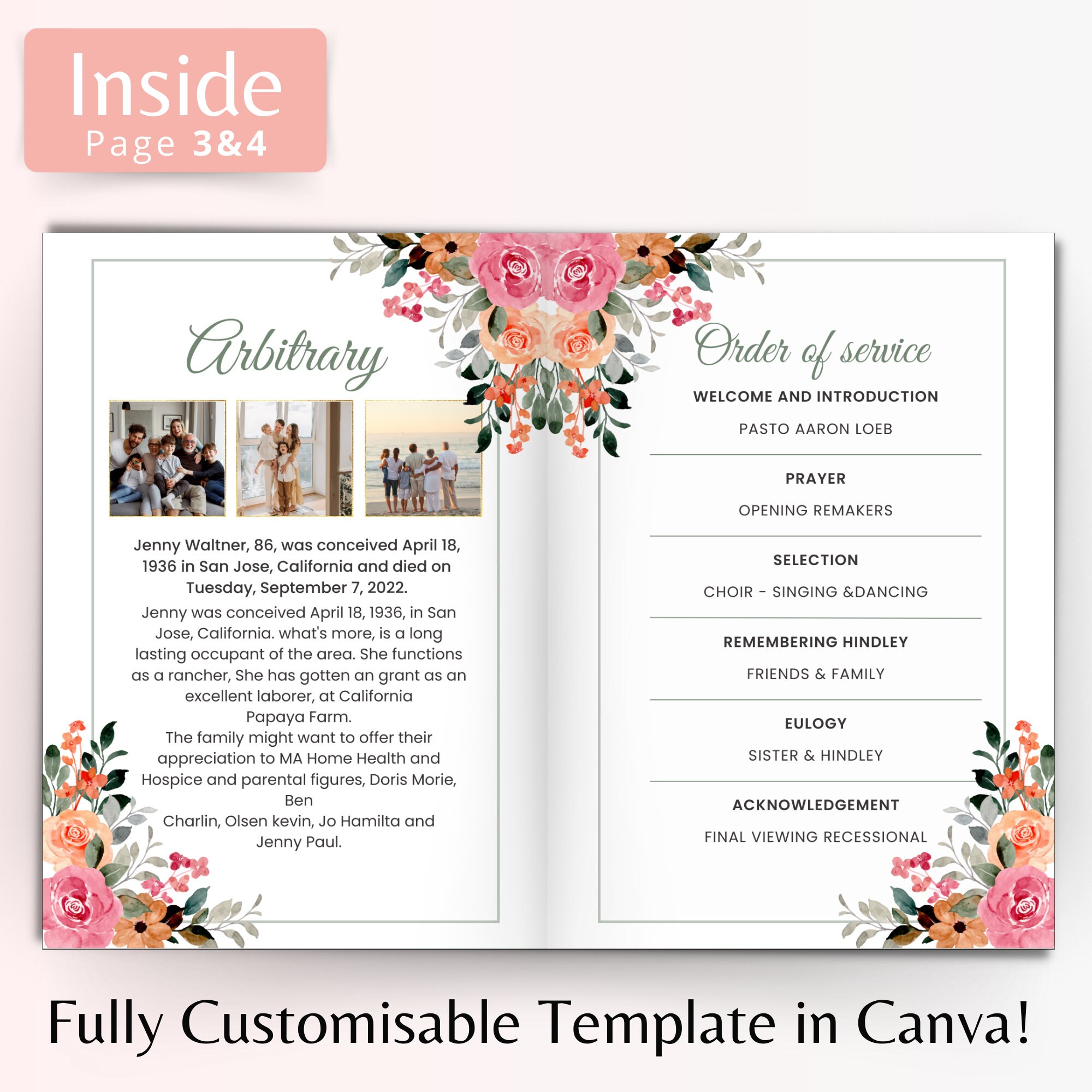 Editable Funeral Program Template, Memorial Service Template, Obituary ...
