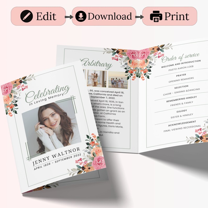 Editable Funeral Program Template, Memorial Service Template, Obituary ...