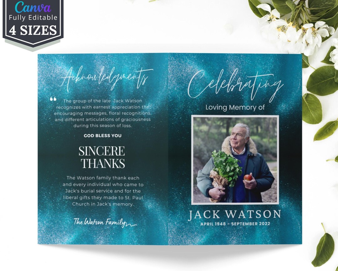 Luxury Dark Blue Funeral Program Template | Bifold Funeral Program ...