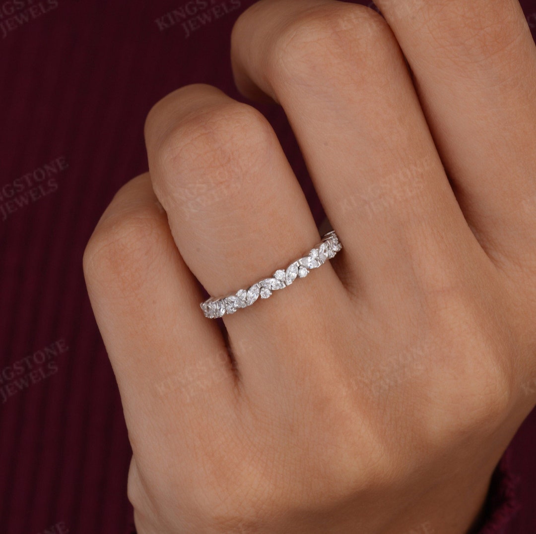 14K Gold Lab Grown Diamond Wedding Band Marquise and Round Diamond Half ...