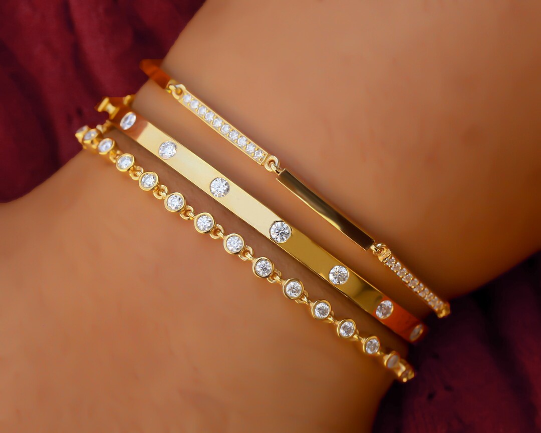 Flush Set Moissanite Diamond Bangle Bracelet 14K Solid Yellow Gold Lab ...