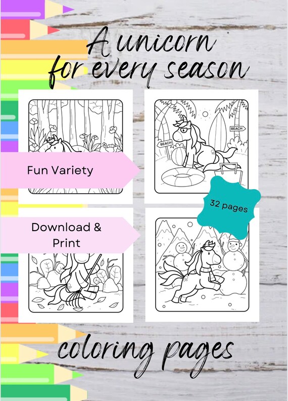 32 Unicorn Coloring Pages Unicorn Printable Unicorn Seasonal - Etsy