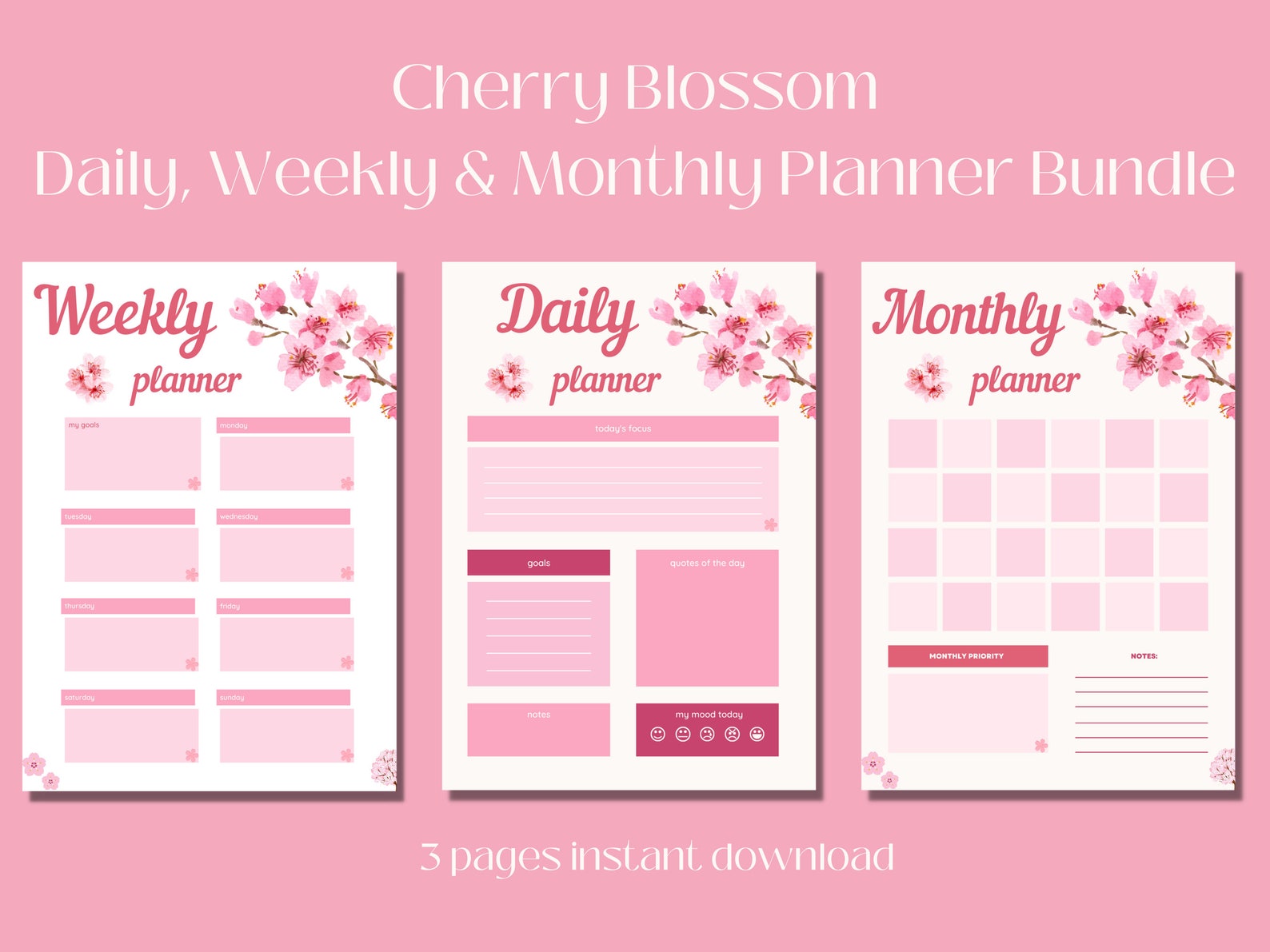 A4 Cherry Blossom Printable and Digital Daily, Weekly & Monthly Planner ...