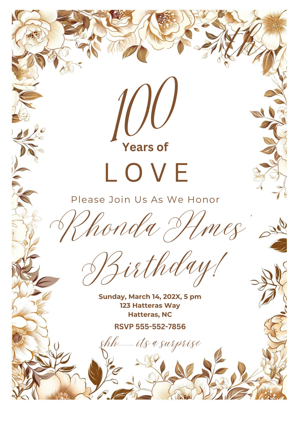 100th Birthday Invitation, Any Age Birthday Invitation, Woman's ...
