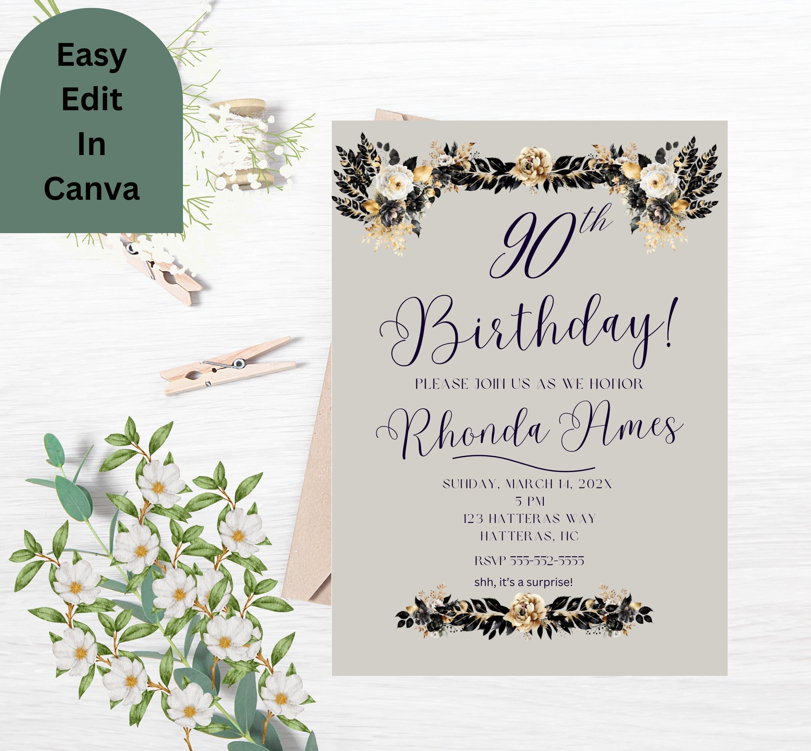 90th Birthday Invite, 90th Birthday Party, Editable Invitation ...