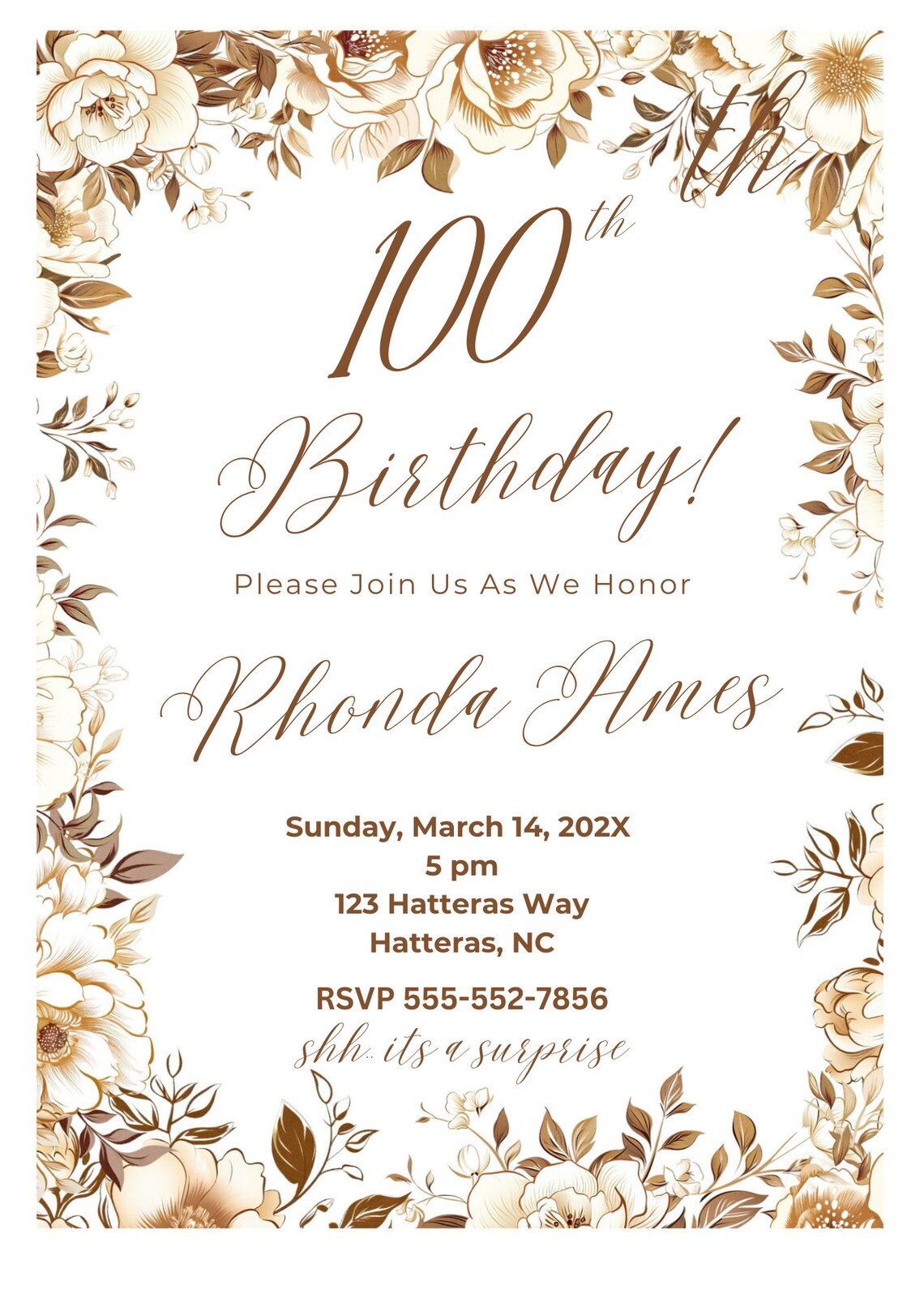 100th Birthday Invitation, Any Age Birthday Invitation, Woman's ...
