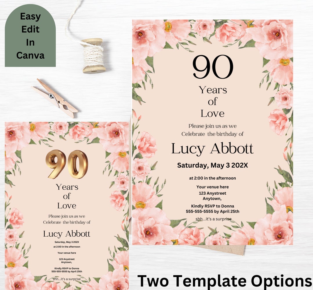 90th Birthday Invite, 90th Birthday Party, Editable Invitation ...