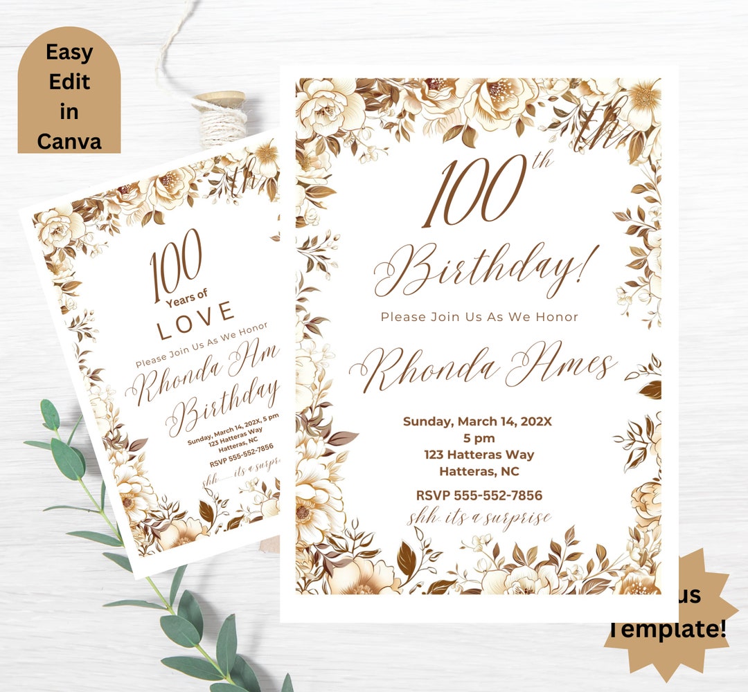 100th Birthday Invitation, Any Age Birthday Invitation, Woman's ...