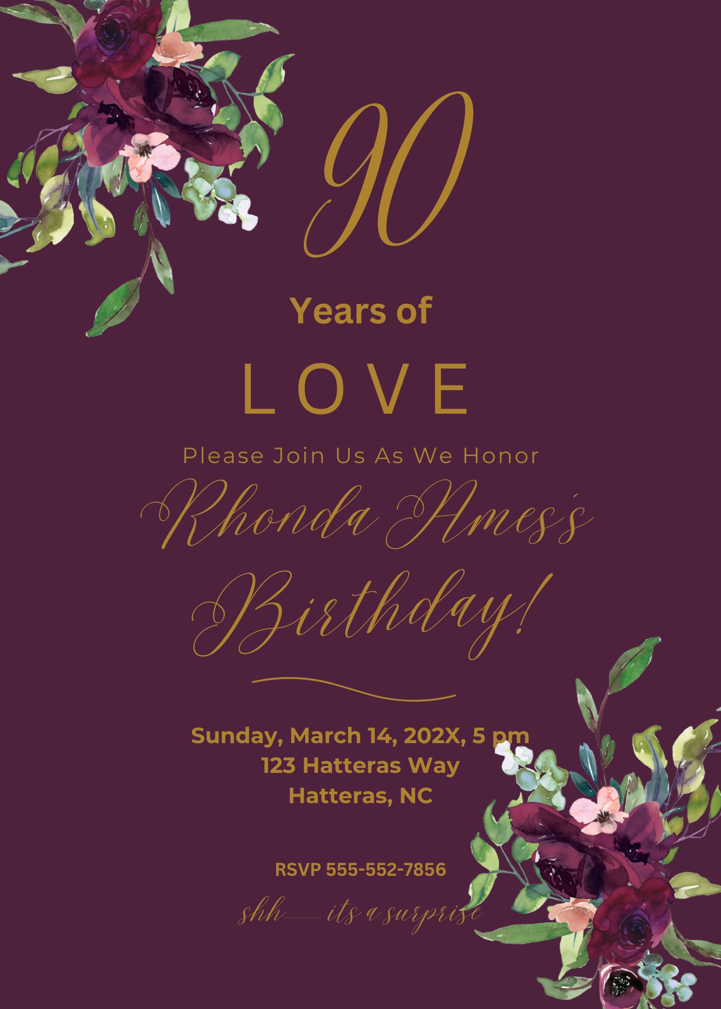 90th Birthday Invitation, Any Age Birthday Invitation, Woman's ...