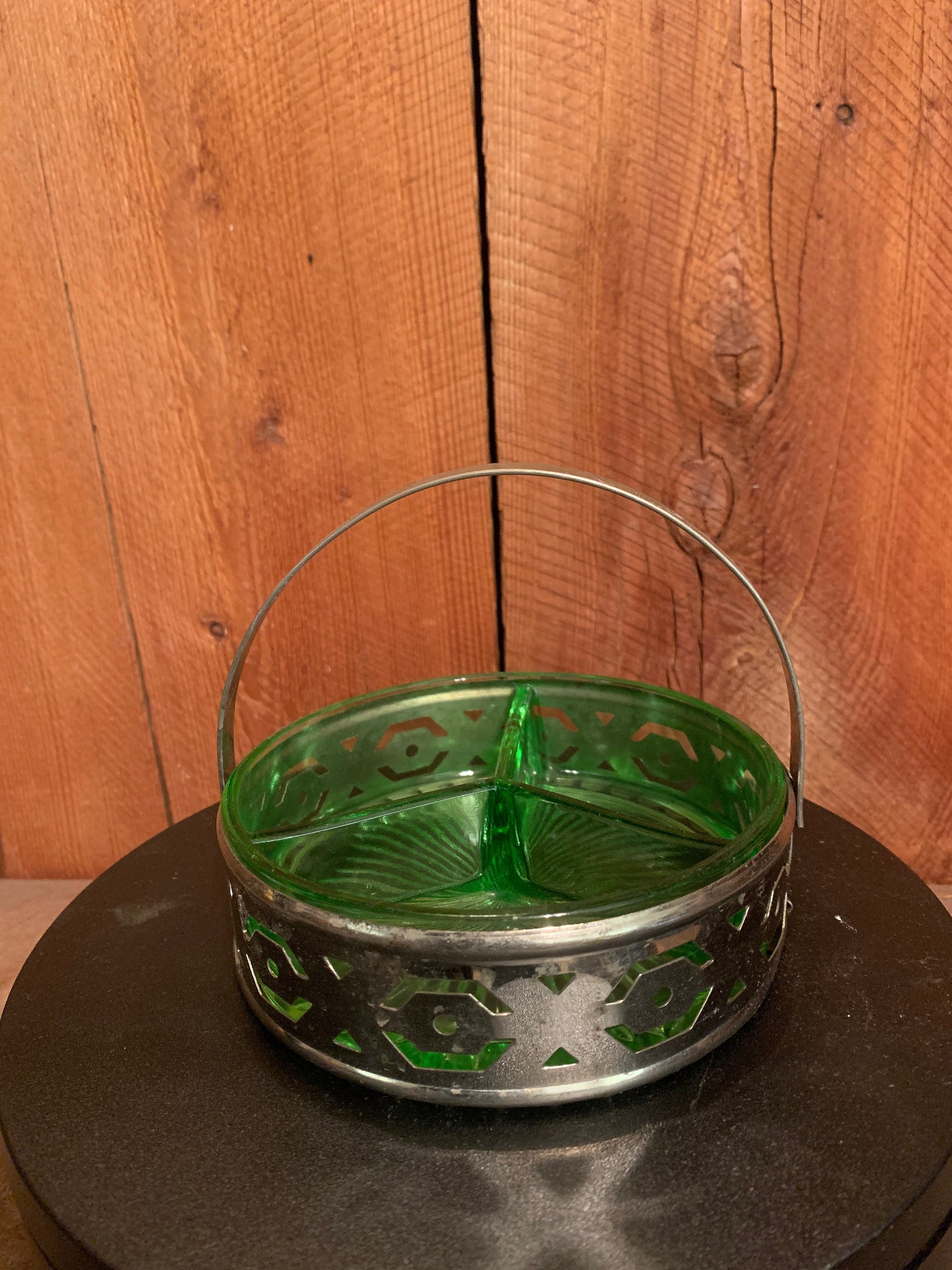 Vintage Divided Green Glass Relish Dish | Green Depression Glass Dish ...