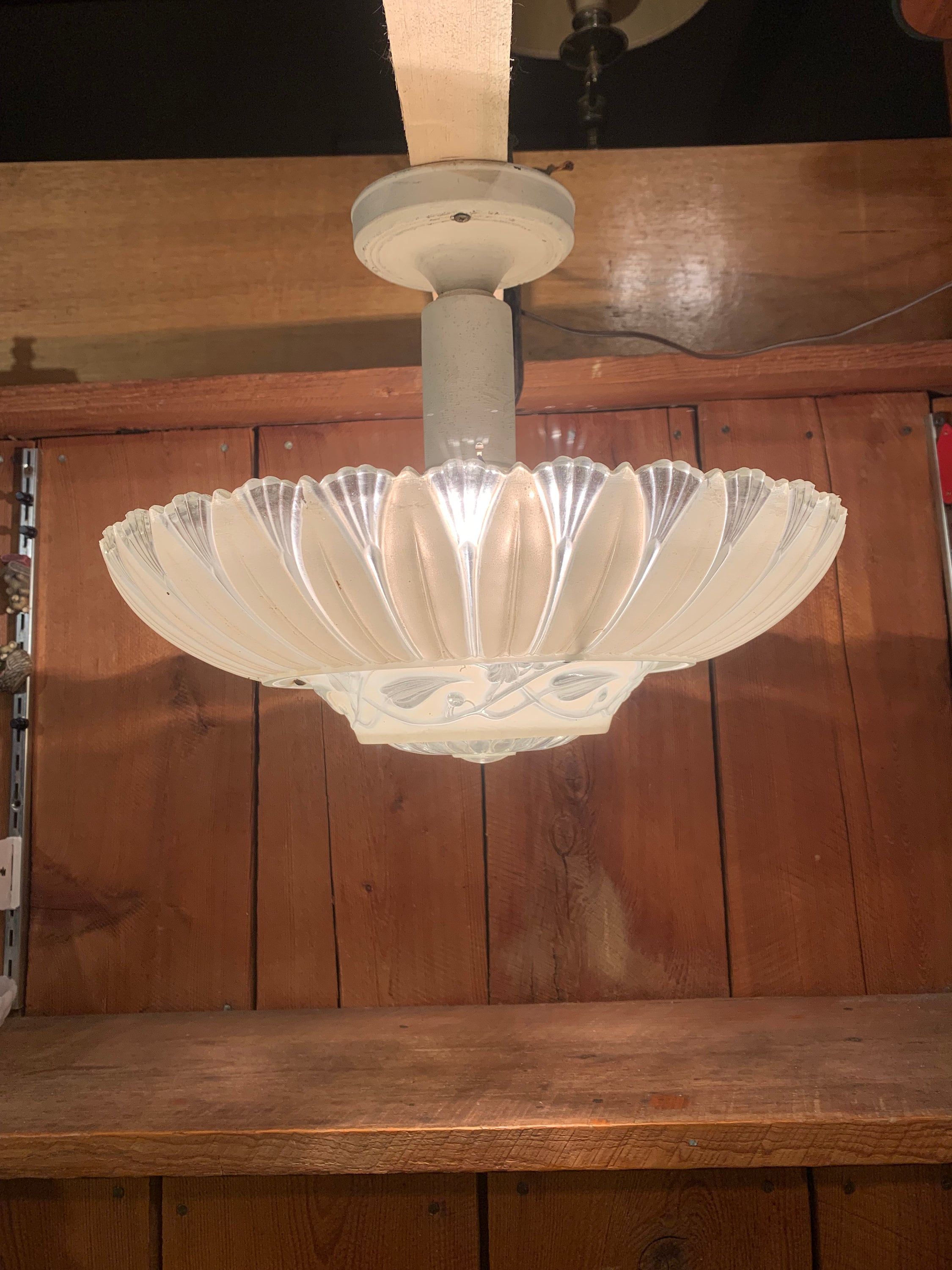 Vintage Early 1900s Glazed Glass Ceiling Fixture, Hangers and Shade ...