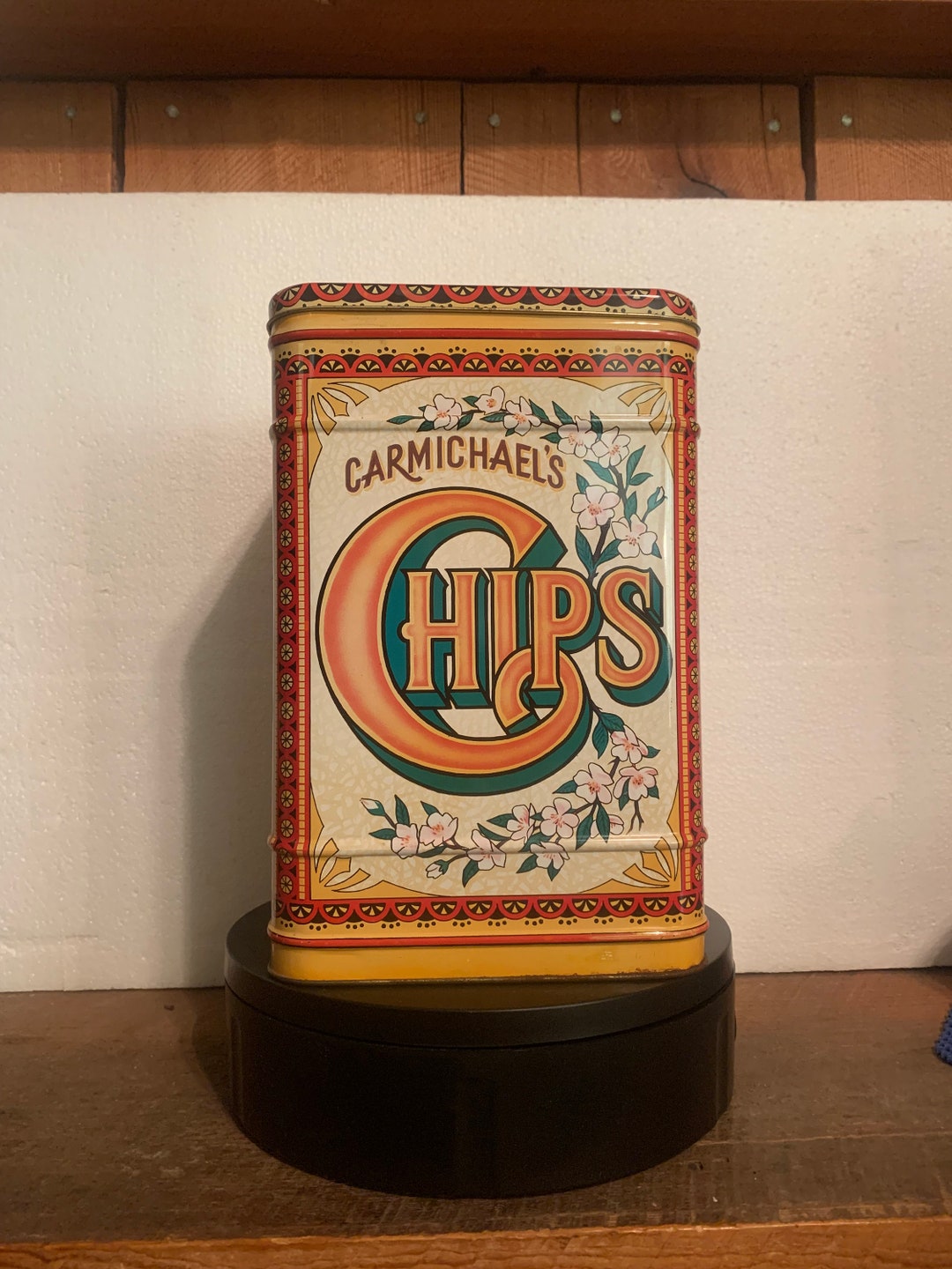 Vintage Carmichaels Chips Tin Kitchen Canister Metal Chip Container Mid ...