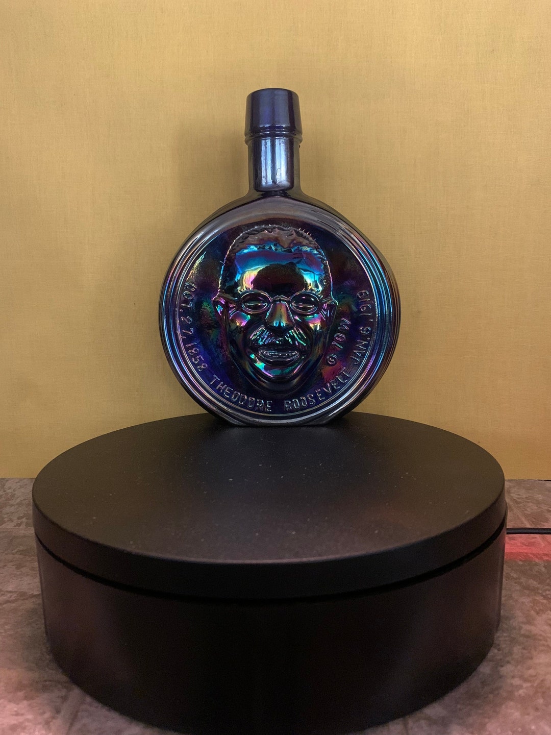 Vintage Wheaton Teddy Roosevelt Bottle Blue Iridescent Decanter ...